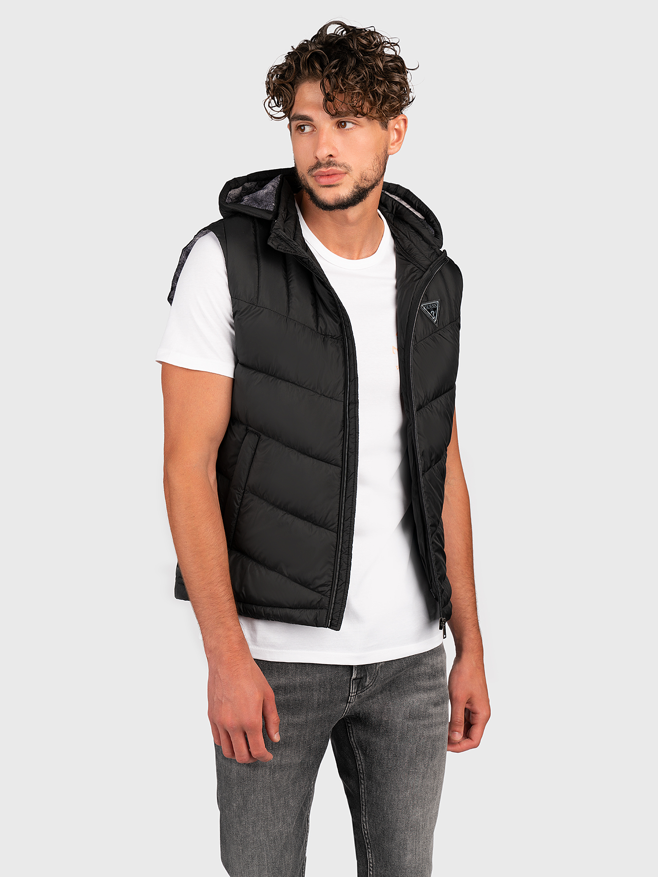 Padded vest with removable hood in black brand GUESS ...