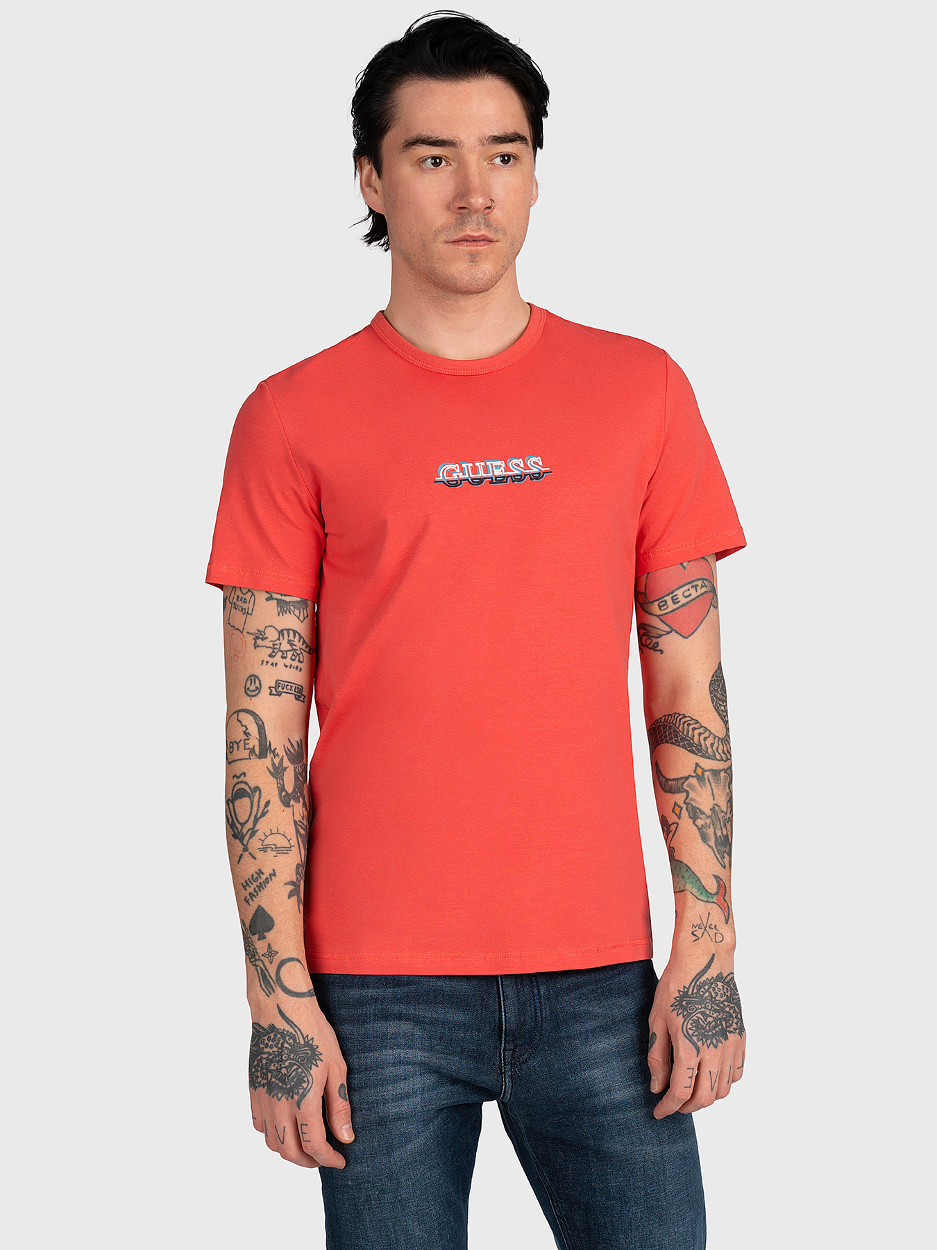 MAKSIM black T-shirt with logo lettering brand GUESS ...