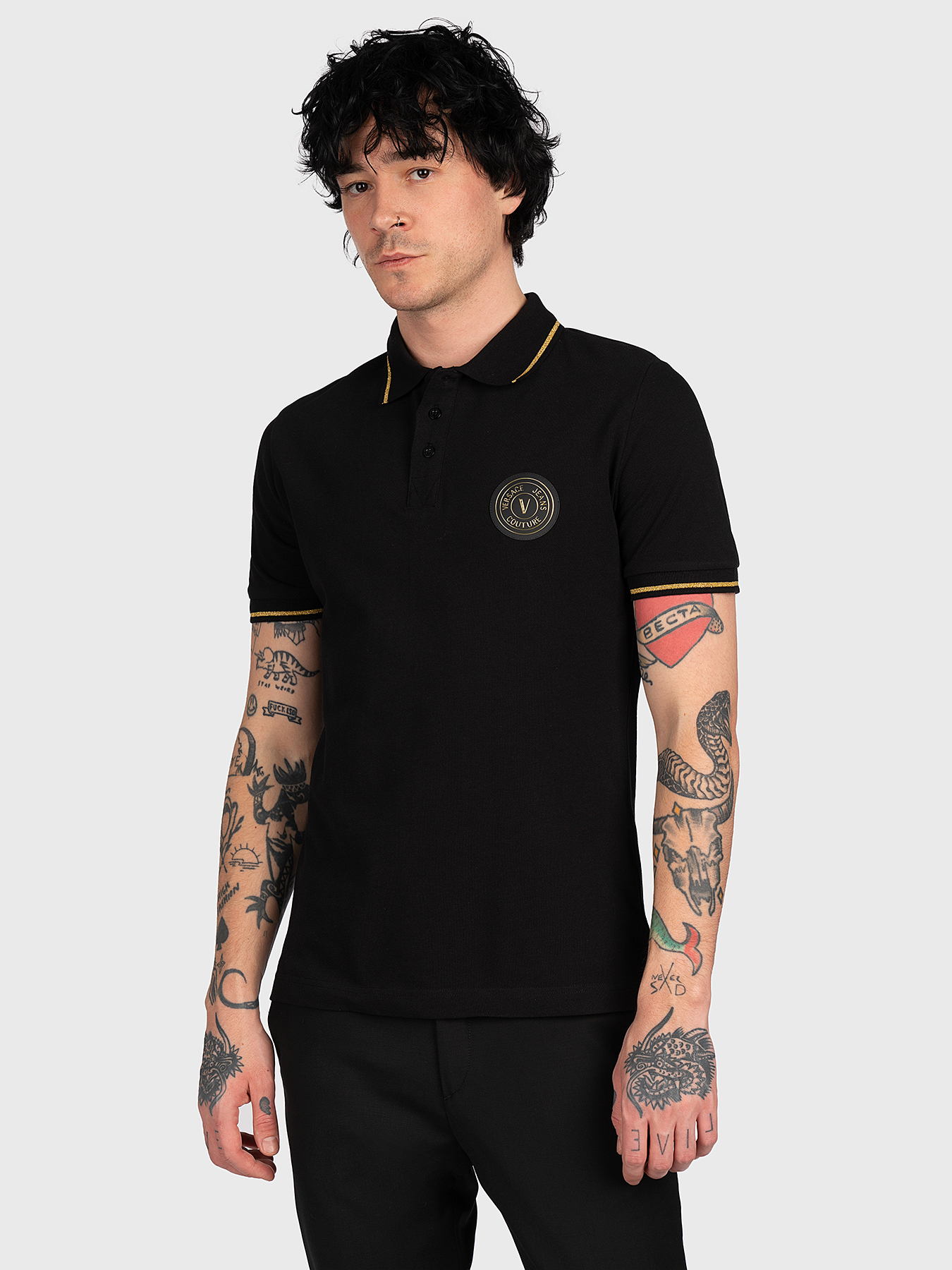 Black polo-shirt with logo patch brand VERSACE JEANS COUTURE ...