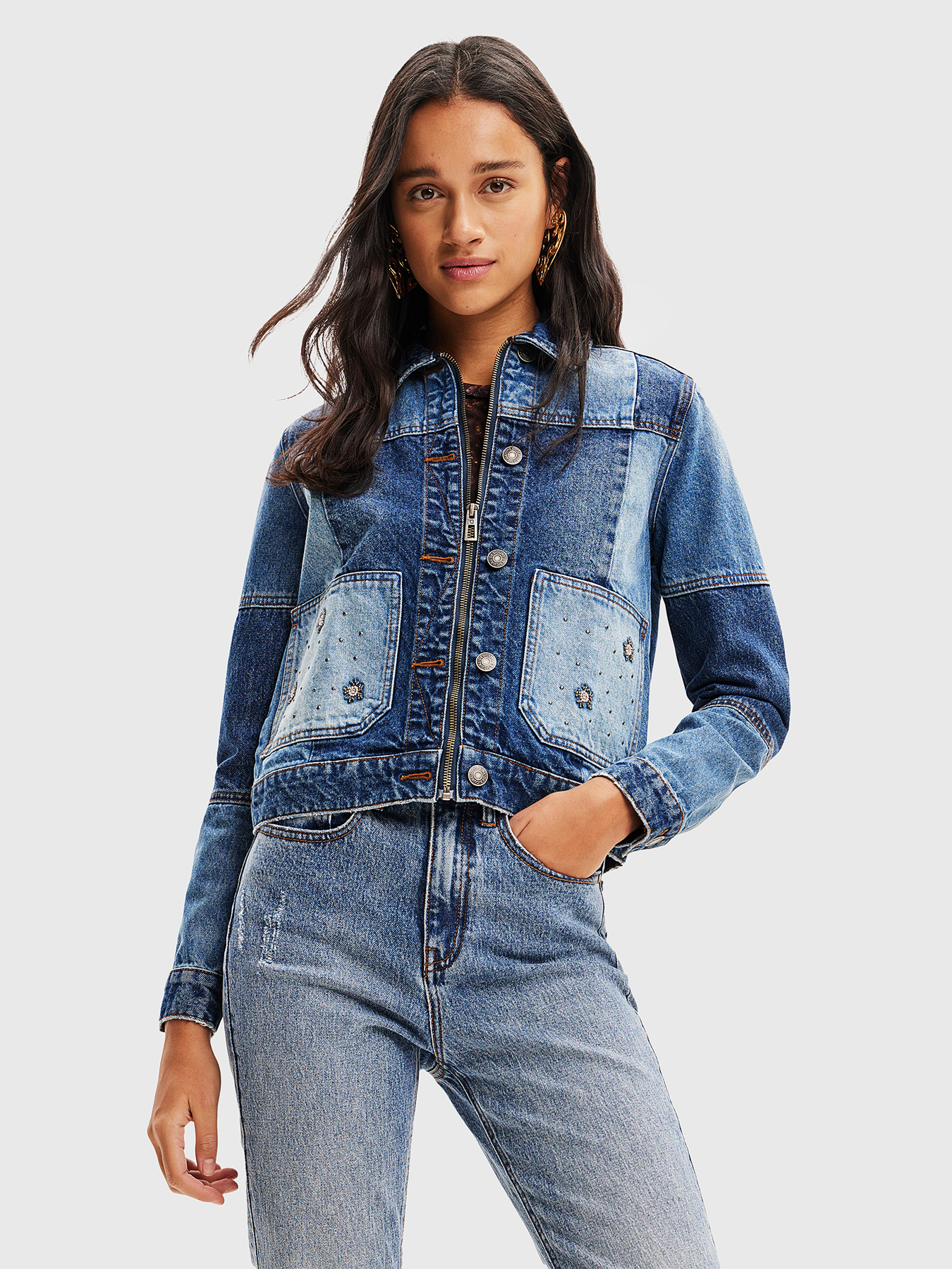 PATY denim jacket with patchwork elements brand DESIGUAL ...