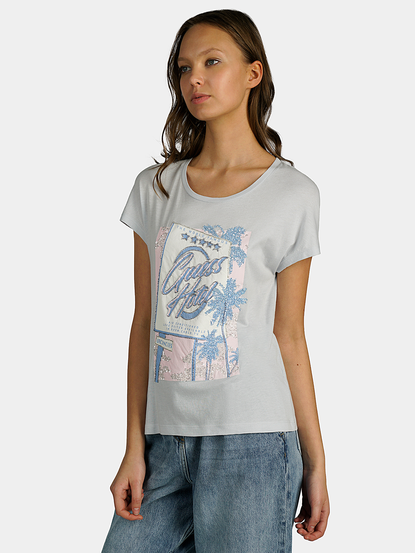 GLAMOUR Grey t-shirt with print and beads brand GUESS ...