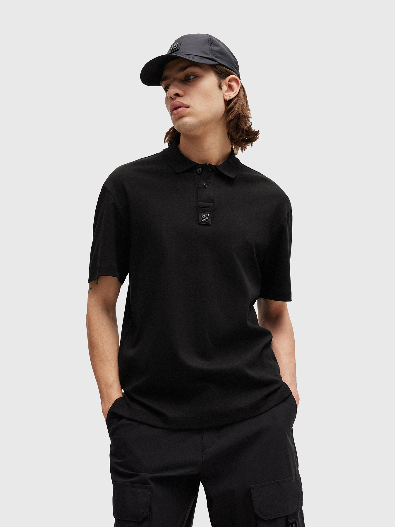 DEABONO black cotton polo shirt with logo patch brand HUGO ...