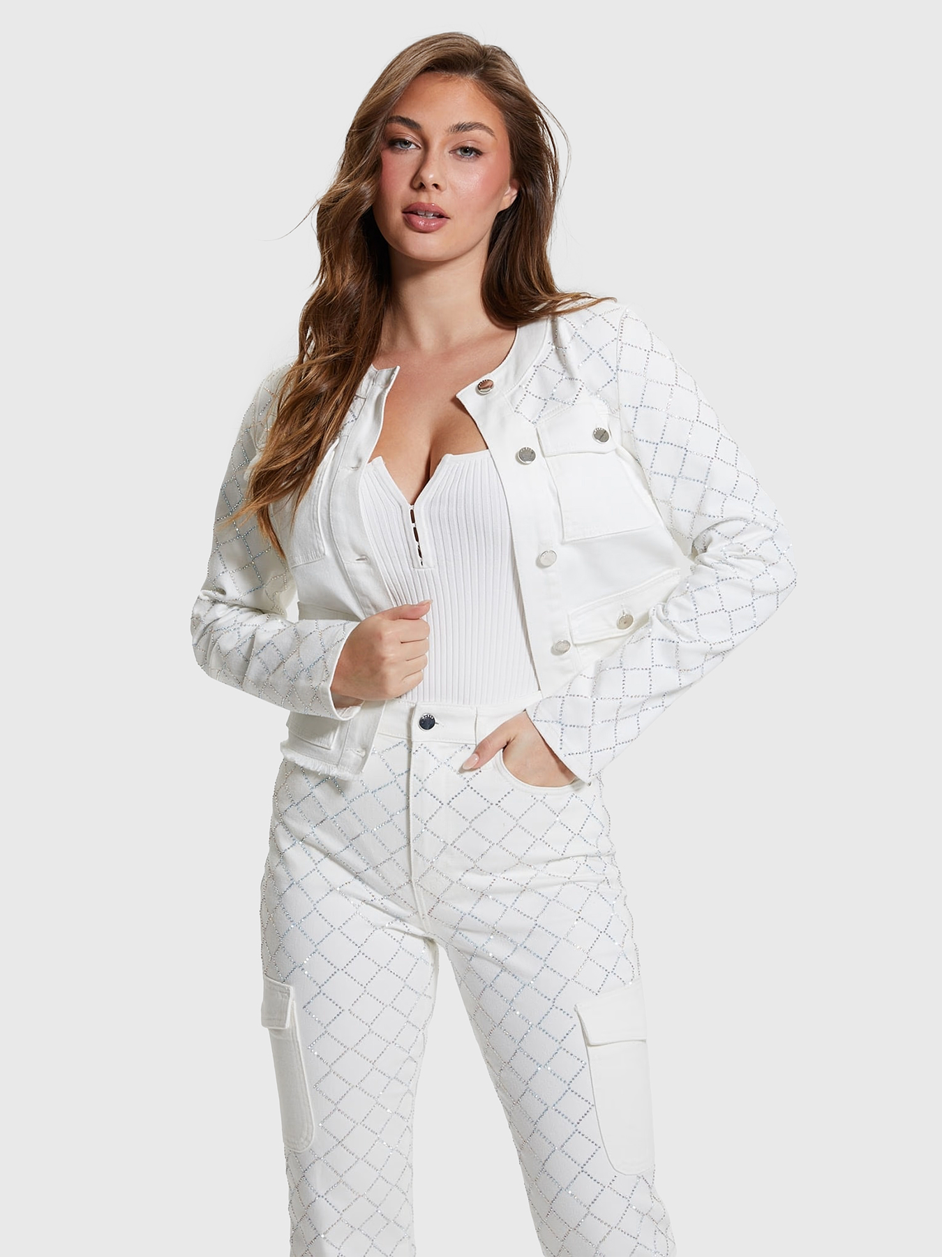 LARISSA white denim jacket with appliqued rhinestones brand GUESS ...