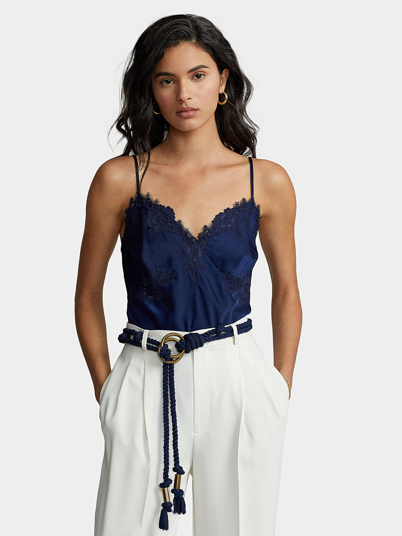 Dark blue satin top with lace details brand POLO RALPH LAUREN ...
